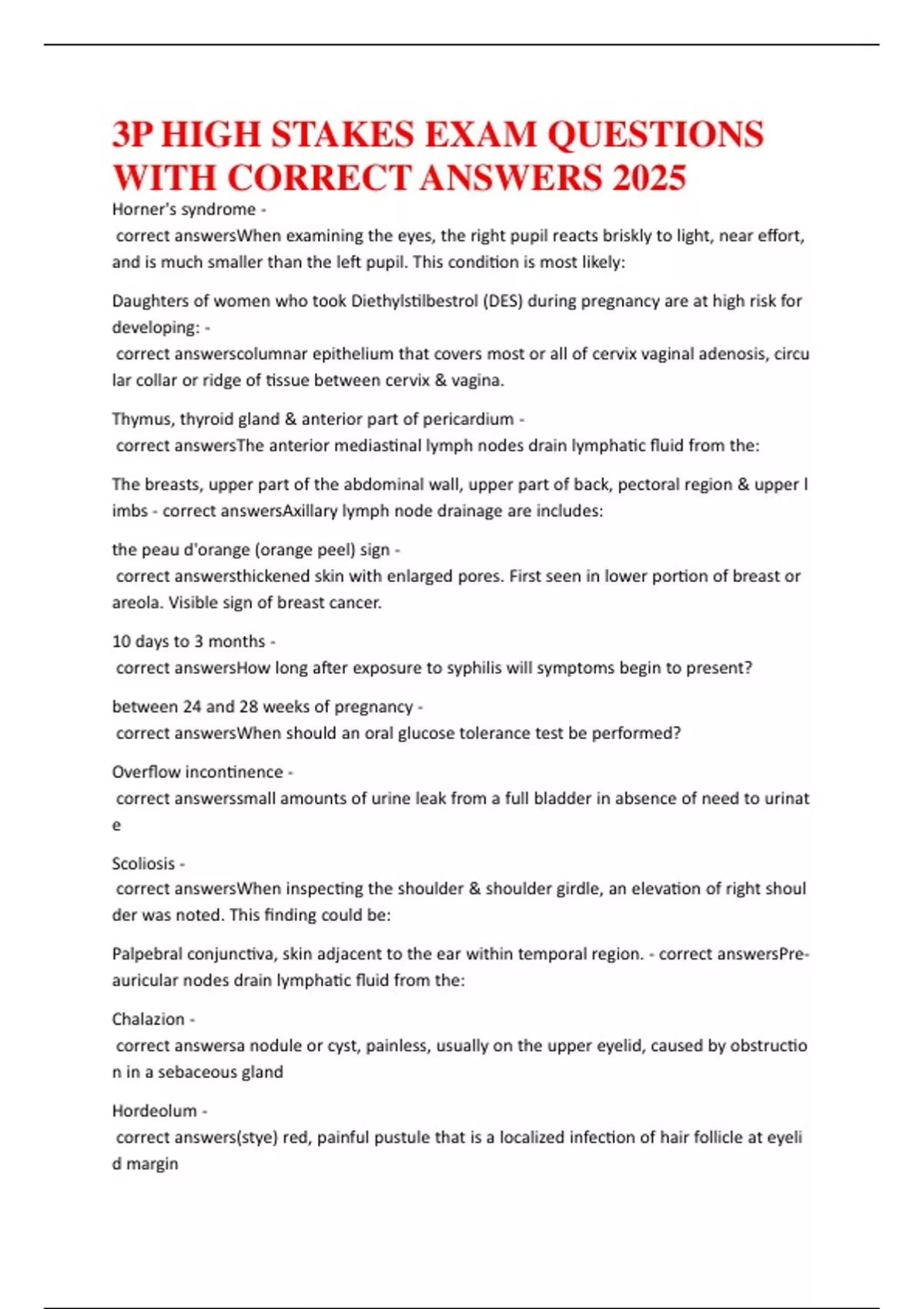 3P HIGH STAKES EXAM QUESTIONS WITH CORRECT ANSWERS 2025 - NUR 504 ...