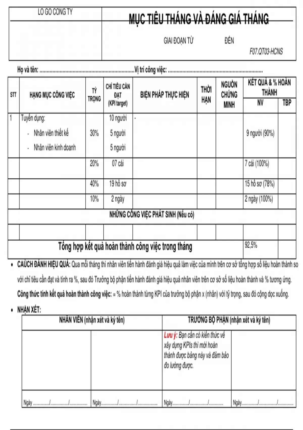 Summary 1. bieu mau muc tieu thang-danh gia thang - HRD - Stuvia US