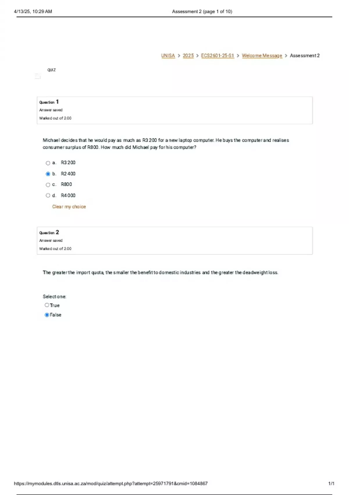 ECS2601 ASSESSMENT 2 SEMESTER 1 2025 - Intermediate Microeconomics (ECS2601) - Stuvia SA