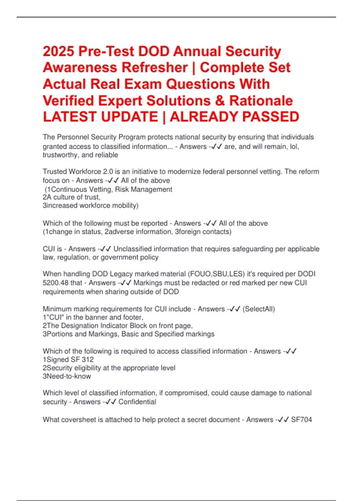 2025 Pre-Test DOD Annual Security Awareness Refresher | Complete Set ...
