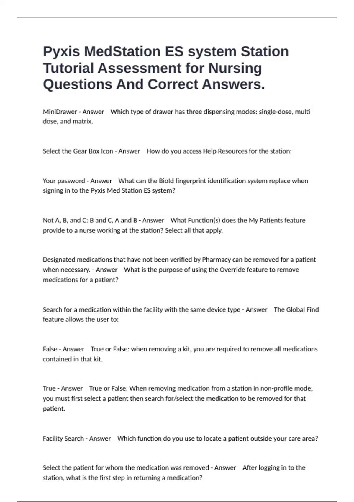 Pyxis MedStation ES system Station Tutorial Assessment for Nursing ...