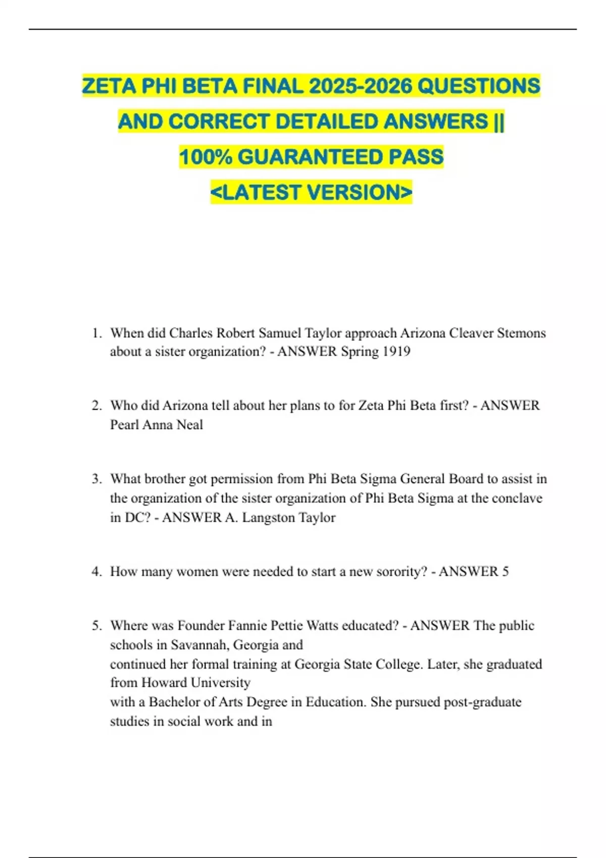 ZETA PHI BETA FINAL QUESTIONS AND CORRECT DETAILED ANSWERS || 100% ...
