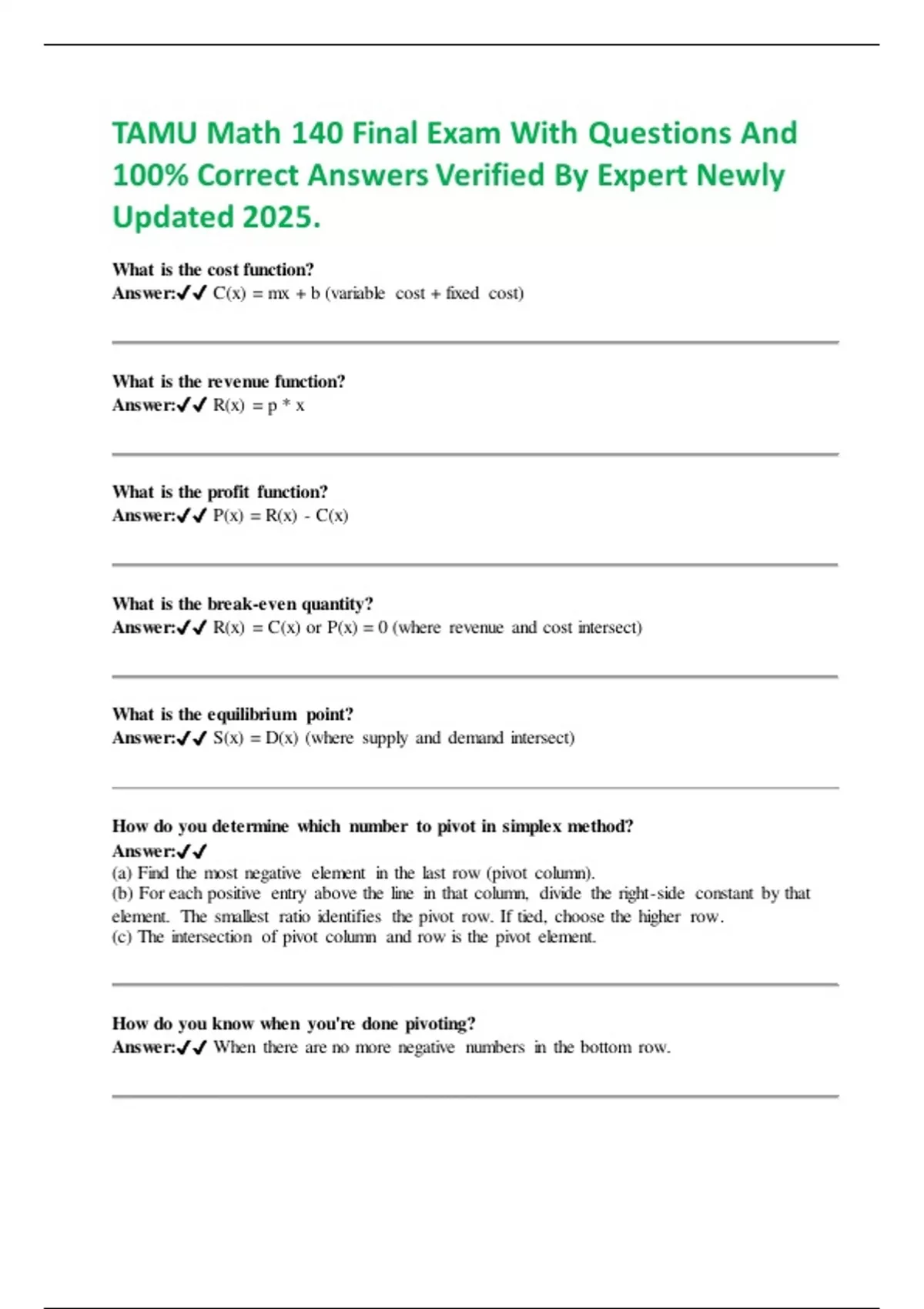 TAMU Math 140 Final Exam With Questions And 100% Correct Answers Verified By Expert Newly ...