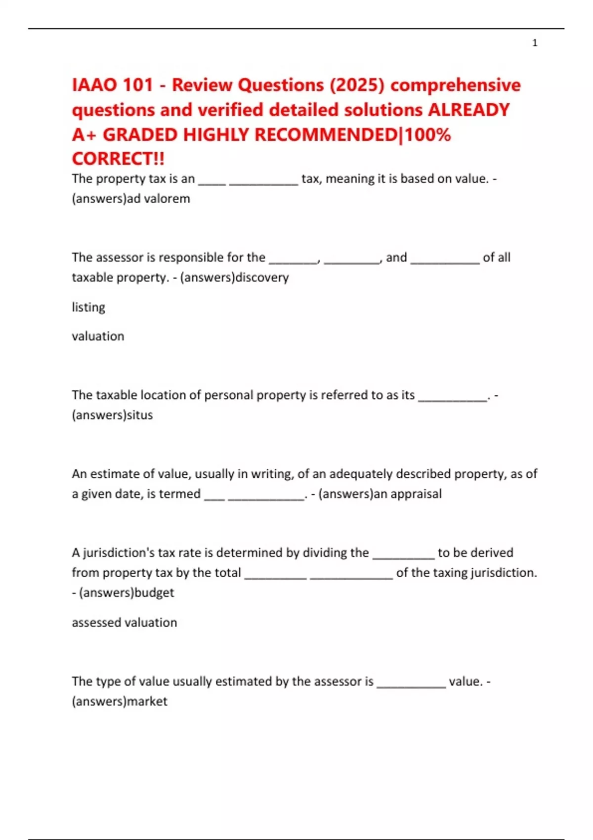 IAAO 101 - Review Questions (2025) comprehensive questions and verified ...