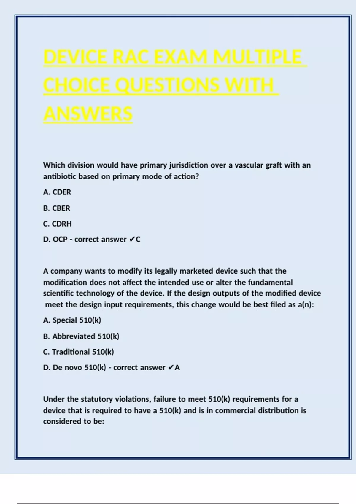 DEVICE RAC EXAM MULTIPLE CHOICE QUESTIONS WITH ANSWERS - RAC - Stuvia US