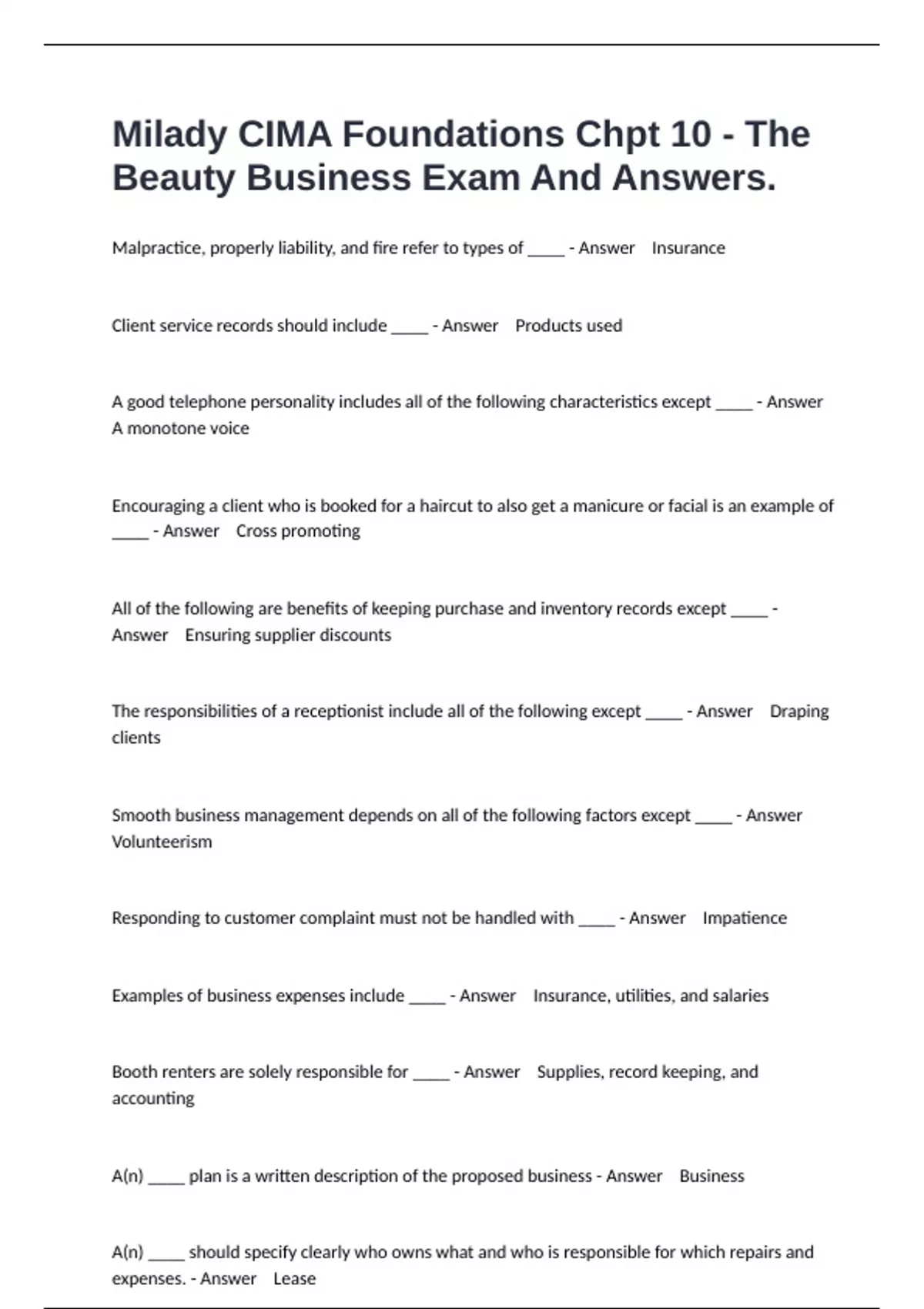 Milady CIMA Foundations Chpt 10 - The Beauty Business Exam And Answers ...