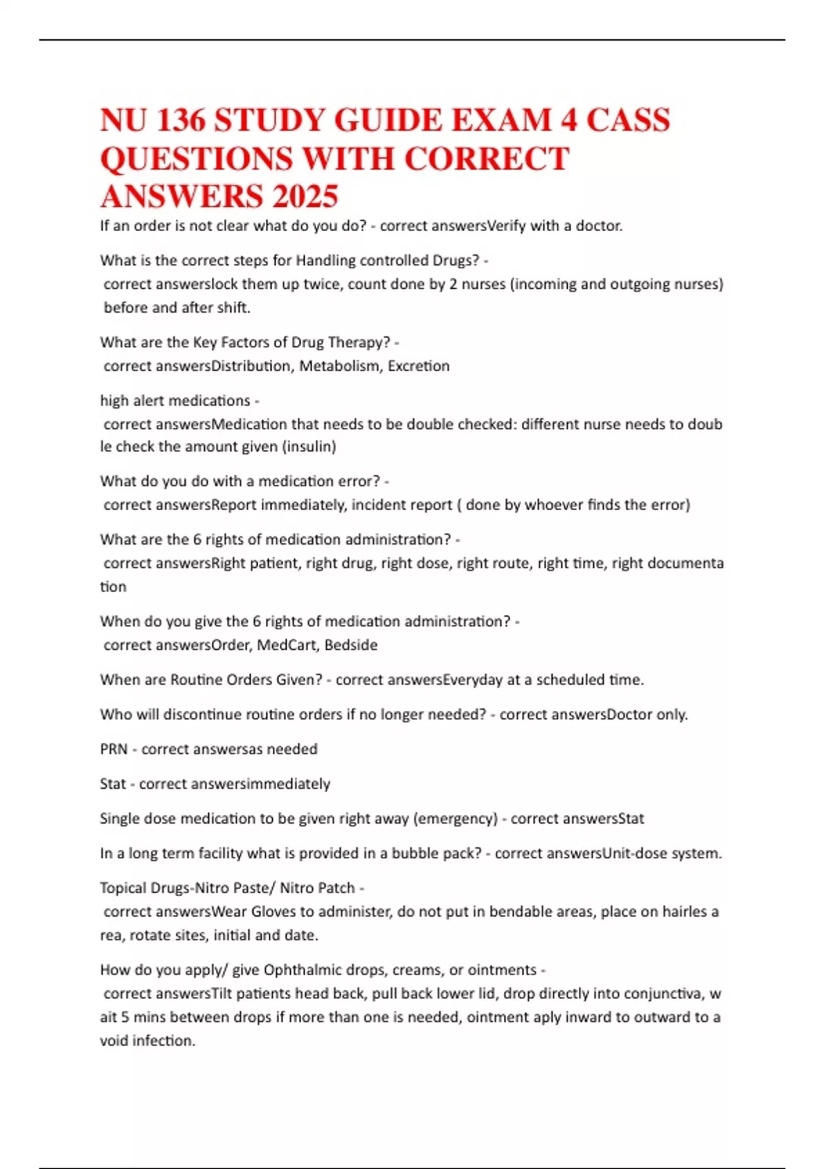 NU 136 STUDY GUIDE EXAM 4 CASS QUESTIONS WITH CORRECT ANSWERS 2025 - Nu ...