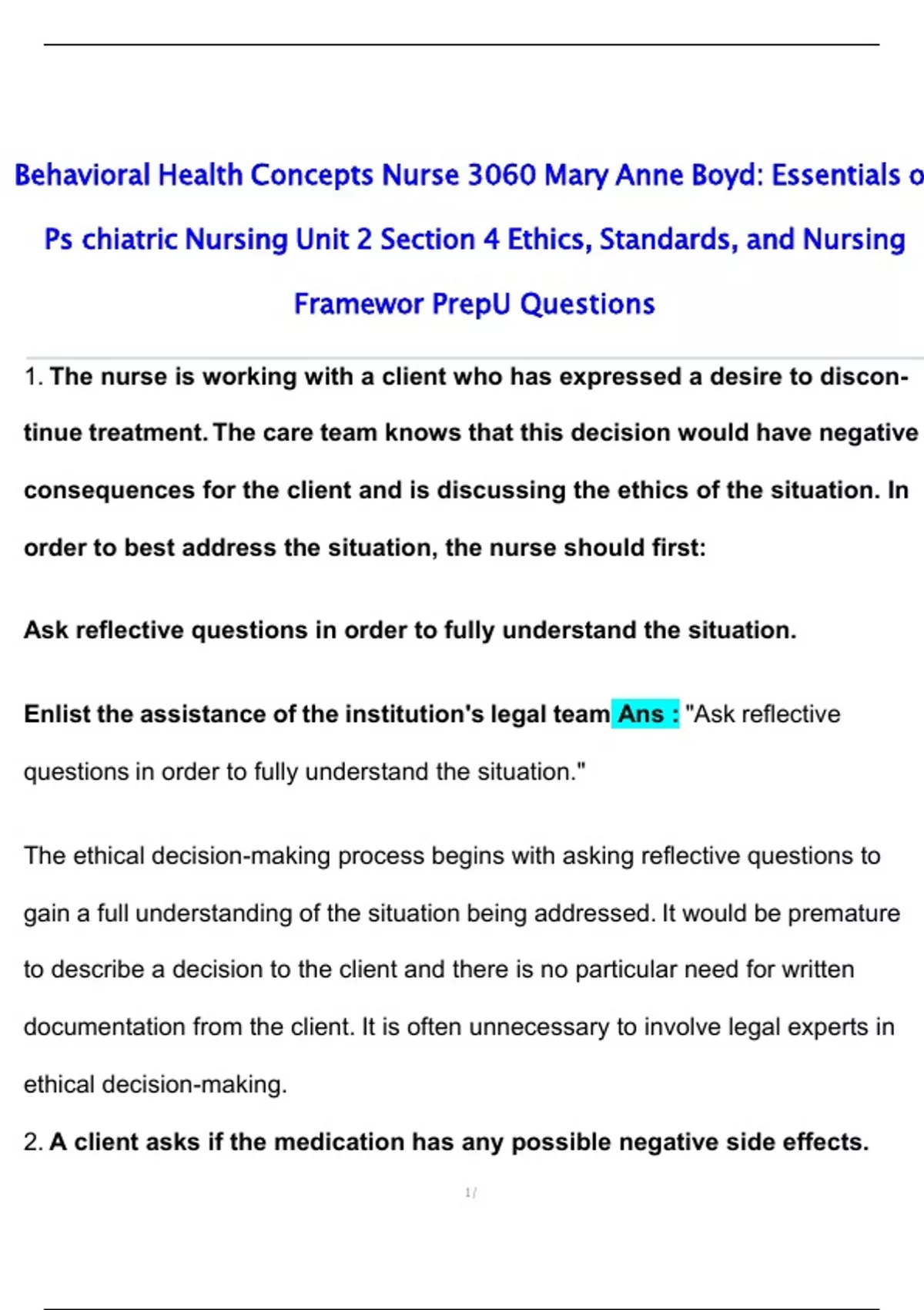 ESSENTIALS OF PSYCHIATRIC NURSING, 2ND EDITION (BOYD 2025) CHAPTER 1-31 ...