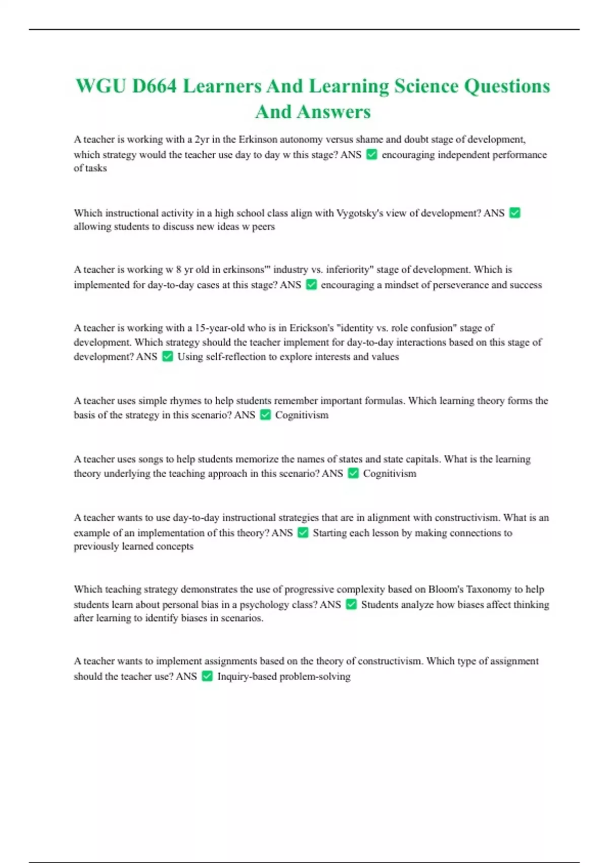 WGU D664 Learners And Learning Science Questions And Answers - WGU D664 ...