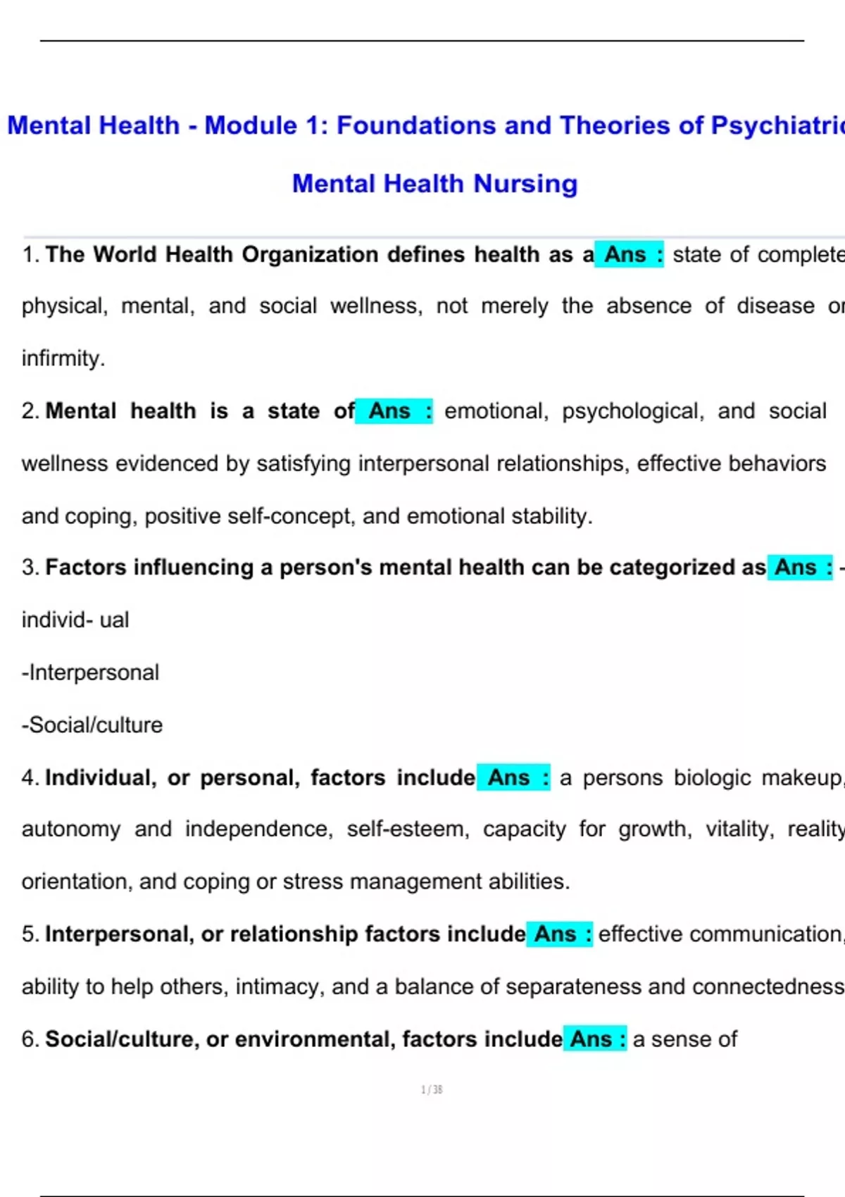 Module 1- Intro. to Foundations of Mental Health Nursing Exam Questions ...