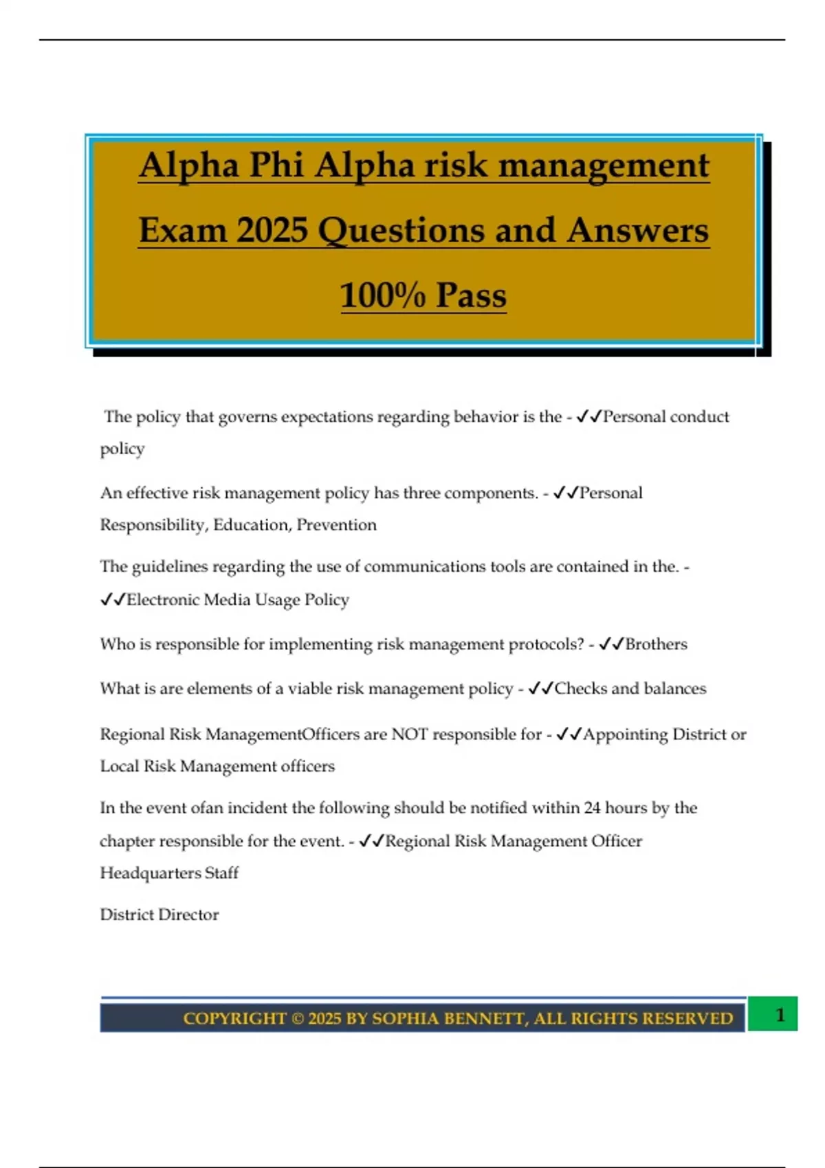 Alpha Phi Alpha risk management Exam 2025 Questions and Answers 100% ...