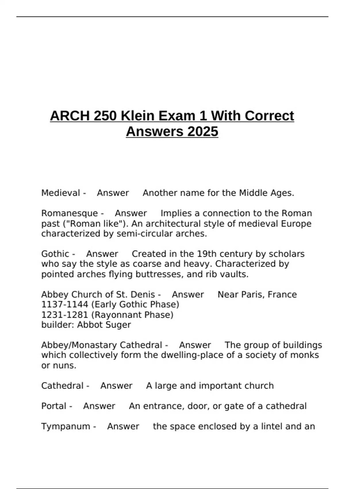 ARCH 250 Klein Exam 1 With Correct Answers 2025 - ARCH 256 - Stuvia US