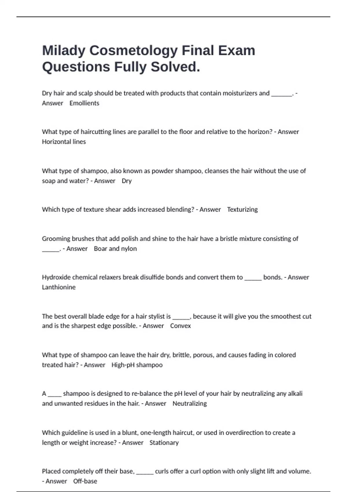 Milady Cosmetology Final Exam Questions Fully Solved. - Milady CIMA ...