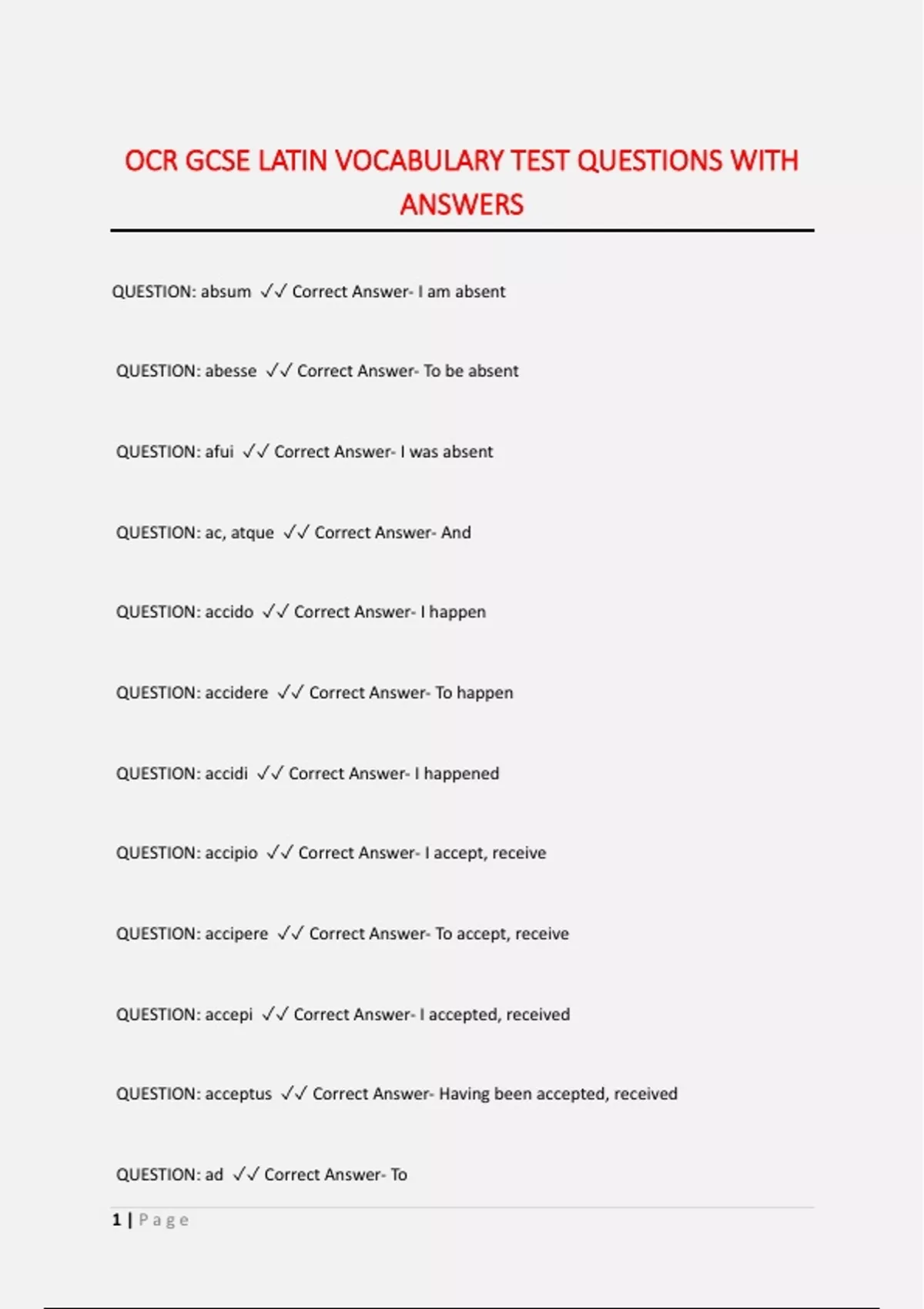 OCR GCSE LATIN VOCABULARY TEST QUESTIONS WITH ANSWERS - OCR GCSE LATIN ...