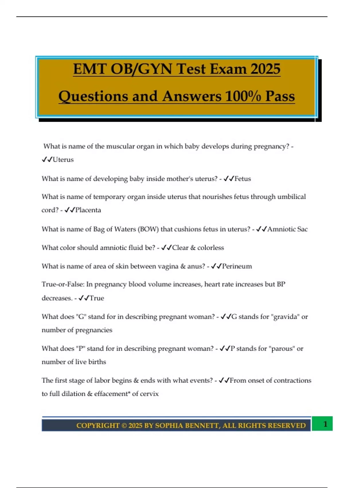 EMT OB/GYN Test Exam 2025 Questions and Answers 100% Pass - OB/GYN ...