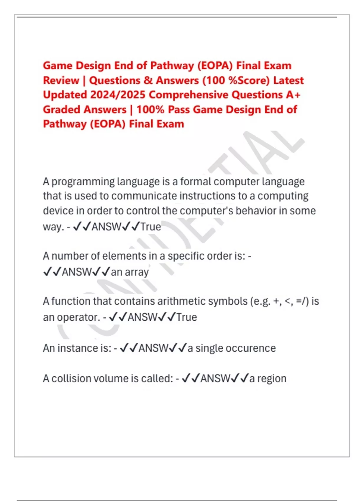 Game Design End of Pathway (EOPA) Final Exam Review | Questions ...