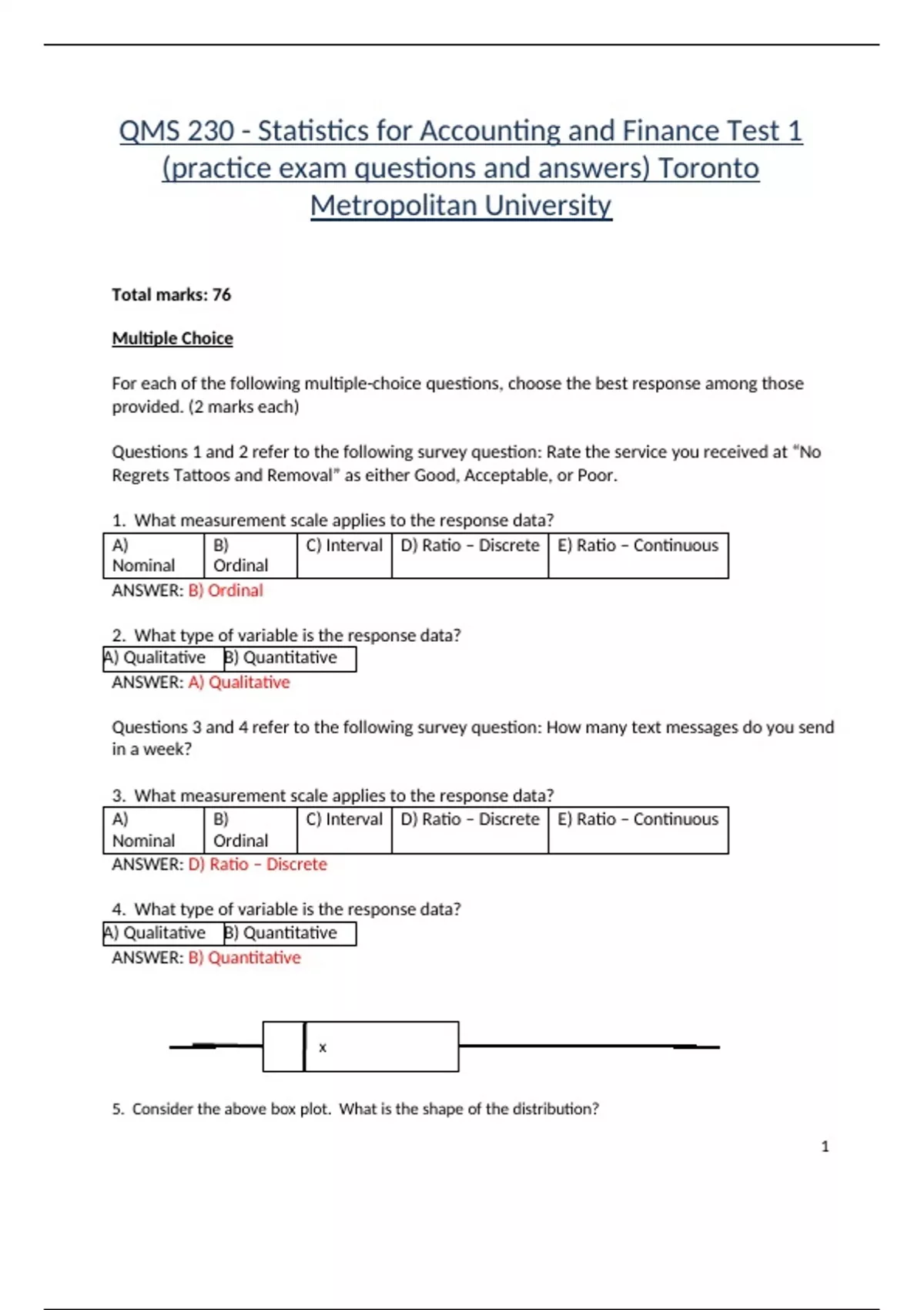 QMS 230 - Statistics for Accounting and Finance Test 1 (practice exam ...