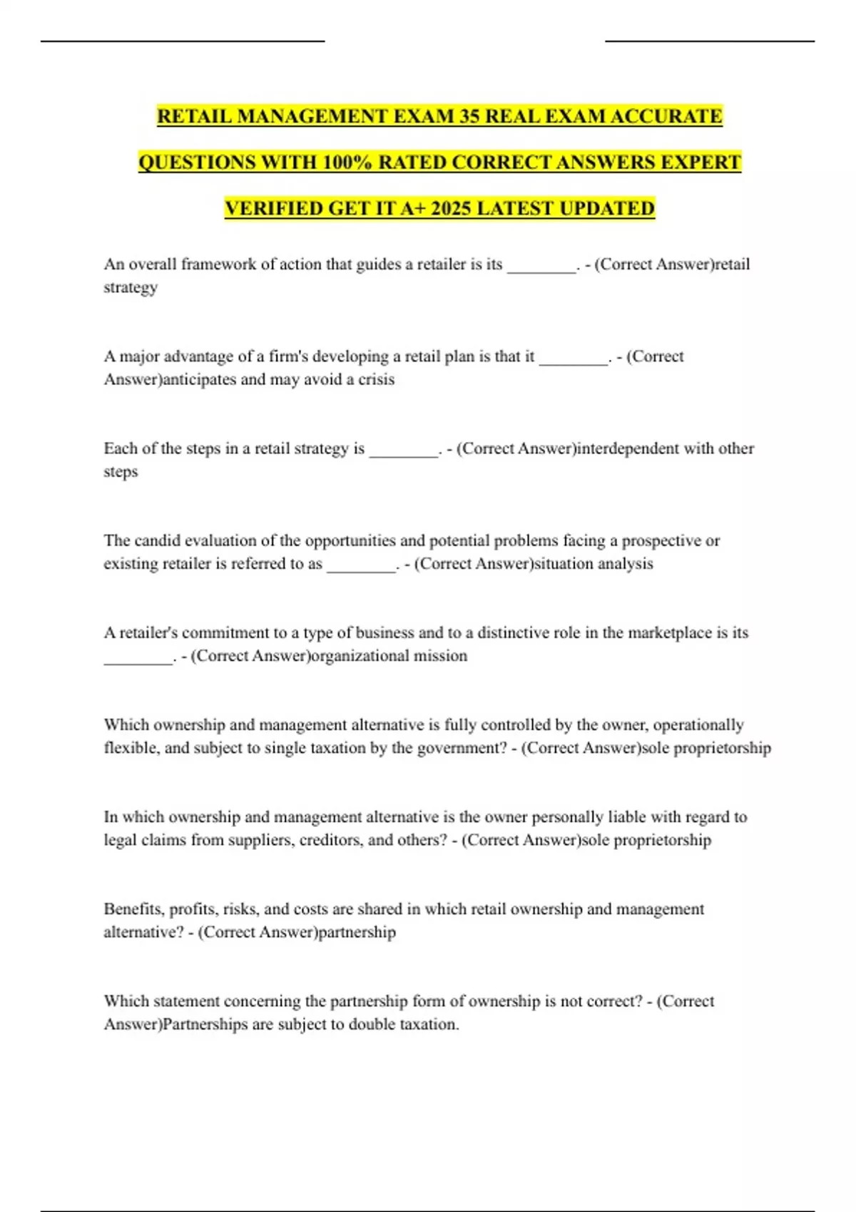 RETAIL MANAGEMENT EXAM 35 REAL EXAM ACCURATE QUESTIONS WITH 100% RATED ...