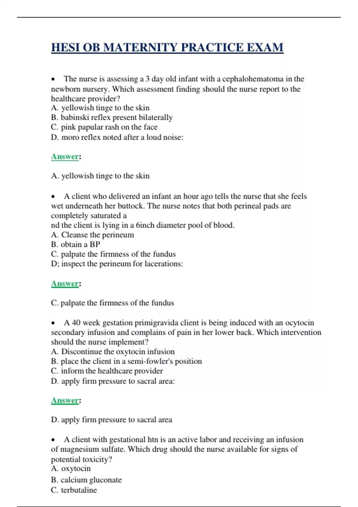 HESI OB MATERNITY PRACTICE EXAM ( UPDATED 2025 ) | QUESTIONS WITH 100% ...