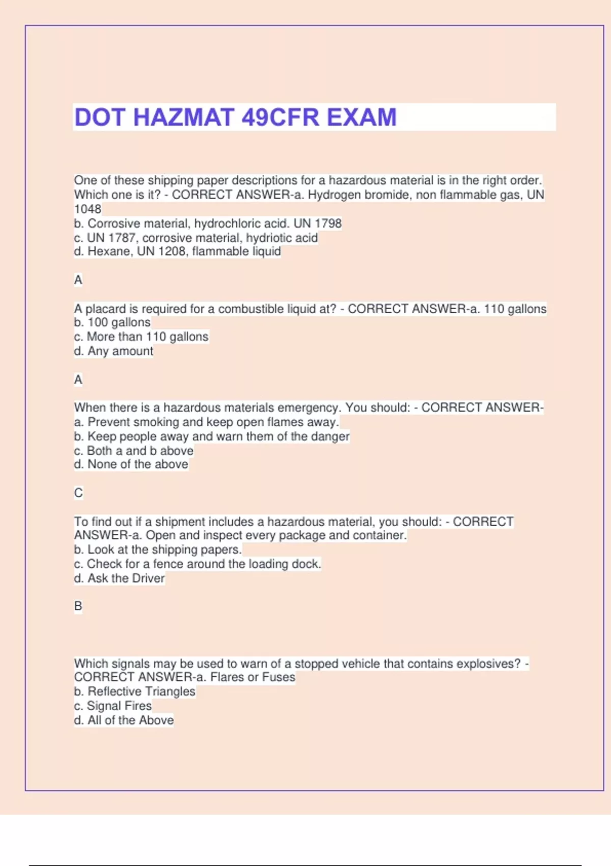 DOT HAZMAT 49CFR EXAM QUESTIONS WITH 100% VERIFIED ANSWERS GRADED A+ ...