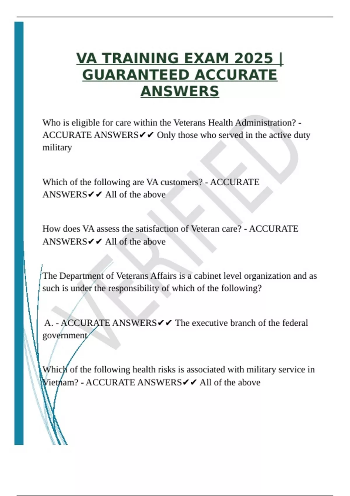VA TRAINING EXAM 2025 |GUARANTEED ACCURATE ANSWERS - VETERAN - Stuvia US