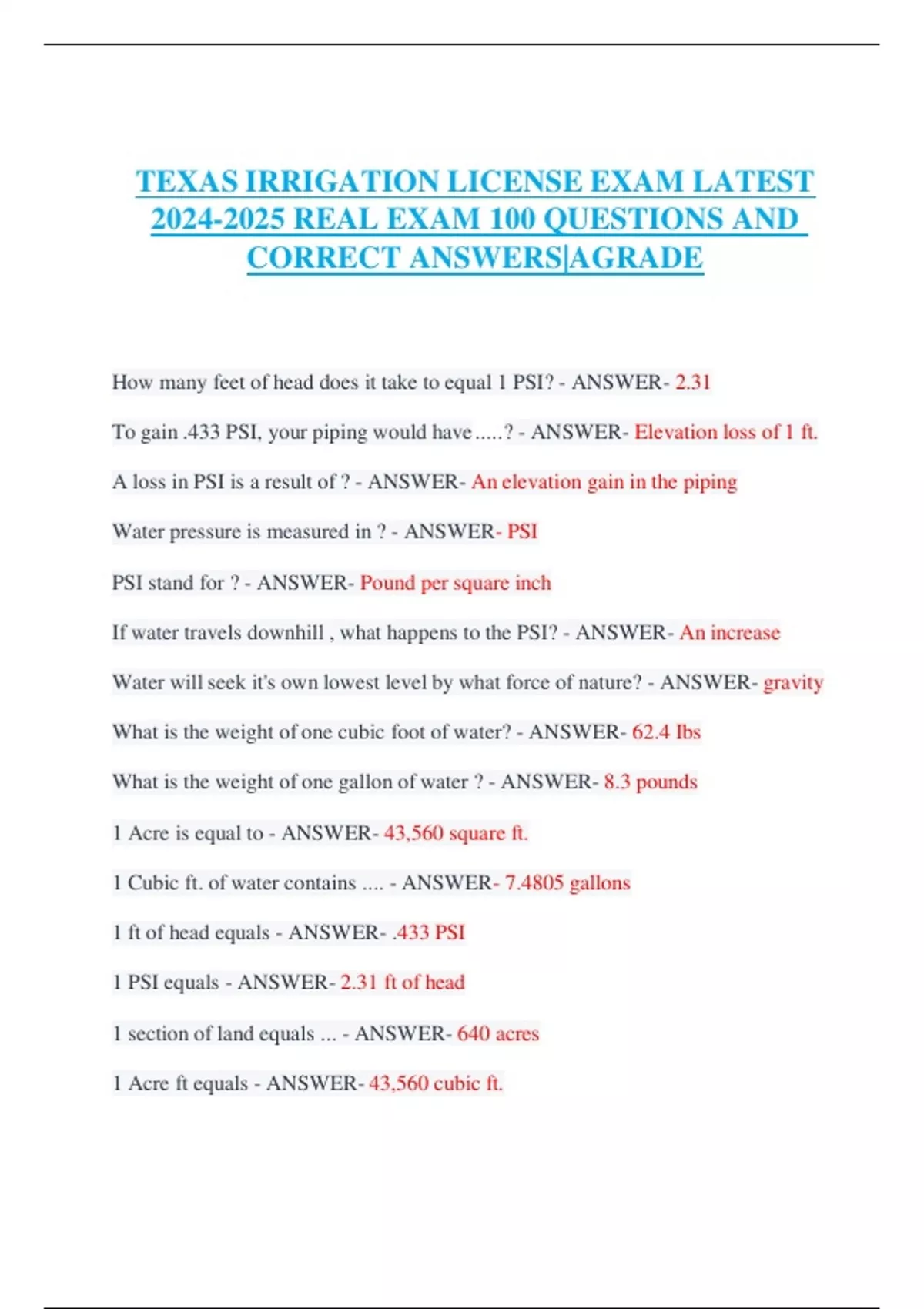 Texas Landscape Irrigation Exam with 100% Correct Answers | Latest ...