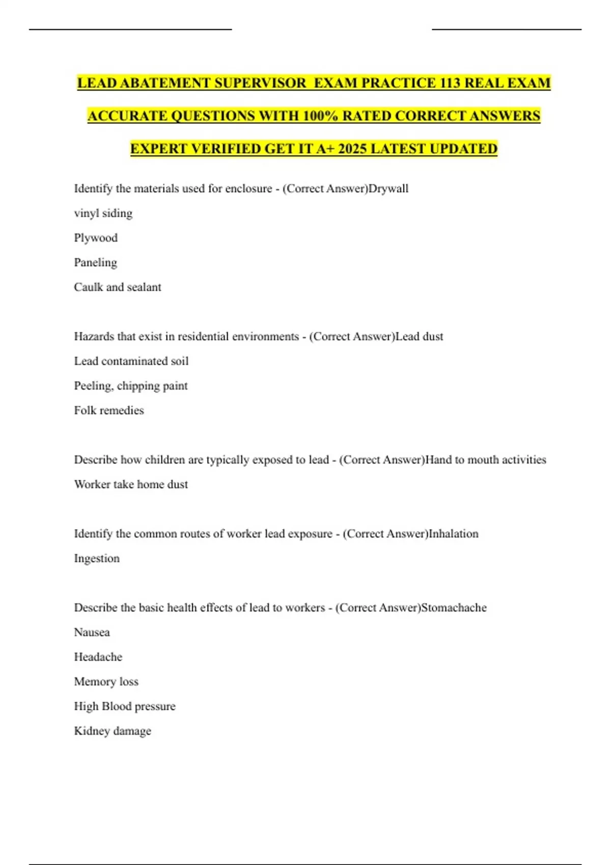 LEAD ABATEMENT SUPERVISOR EXAM PRACTICE 113 REAL EXAM ACCURATE ...