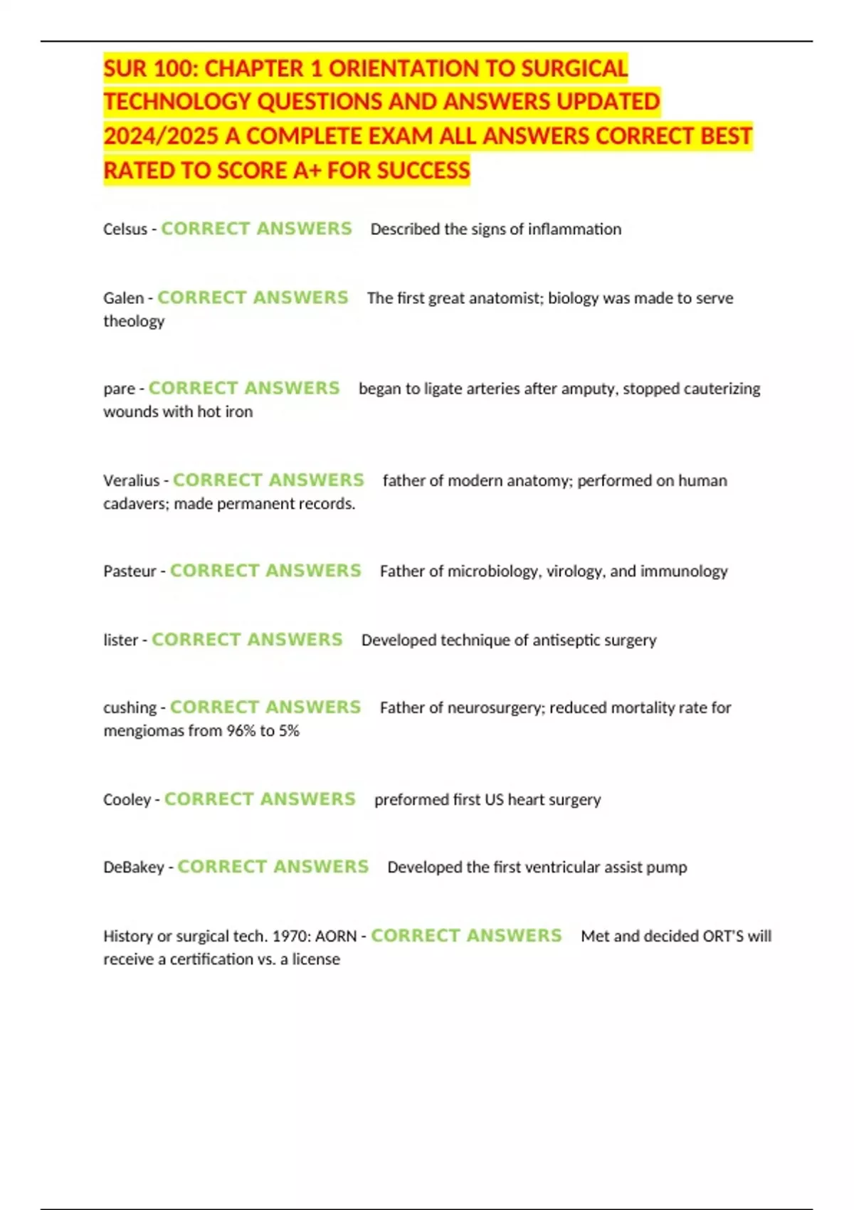 SUR 100: CHAPTER 1 ORIENTATION TO SURGICAL TECHNOLOGY QUESTIONS AND ...