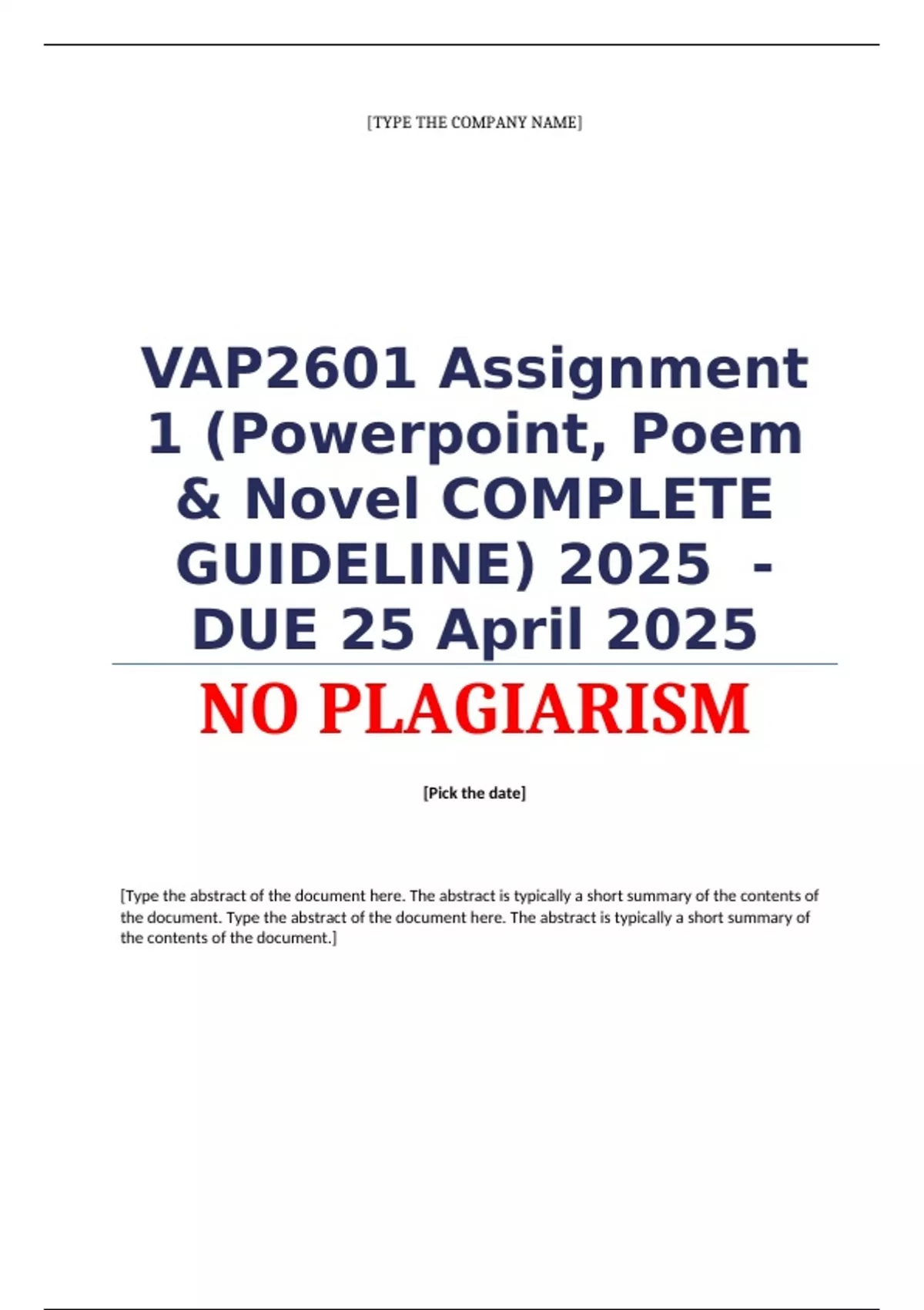 VAP2601 Assignment 1 (Powerpoint, Poem & Novel COMPLETE GUIDELINE) 2025 - DUE 25 April 2025 ...
