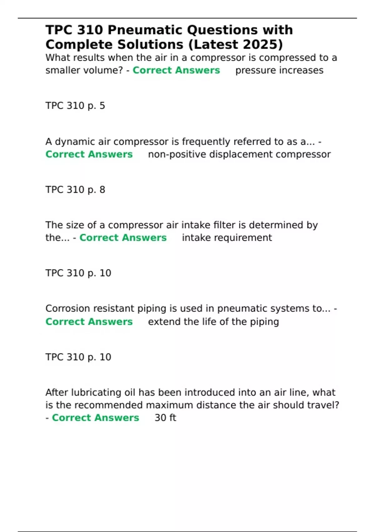 TPC 310 Pneumatic Questions with Complete Solutions (Latest 2025) - 310 ...