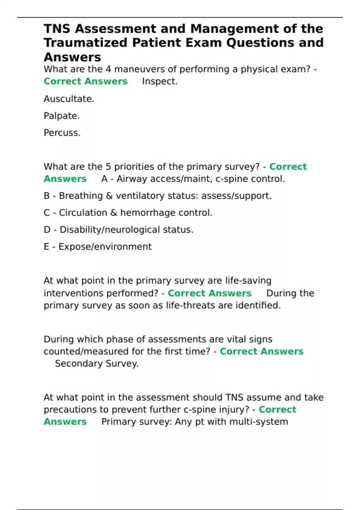 TNS Assessment and Management of the Traumatized Patient Exam Questions ...