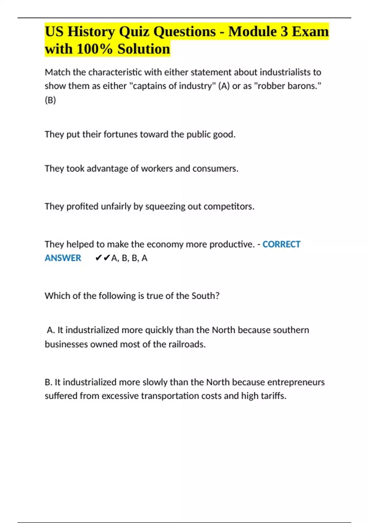 US History Quiz Questions - Module 3 Exam with 100- Solution.docx - ATI ...
