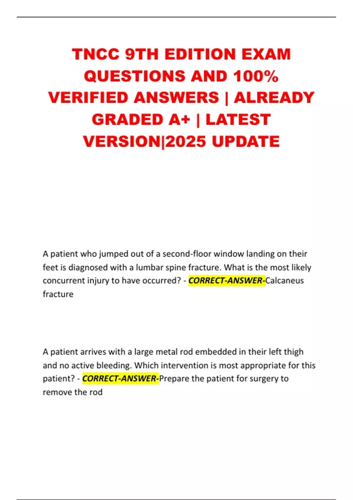 TNCC 9TH EDITION EXAM QUESTIONS AND 100% VERIFIED ANSWERS | ALREADY ...