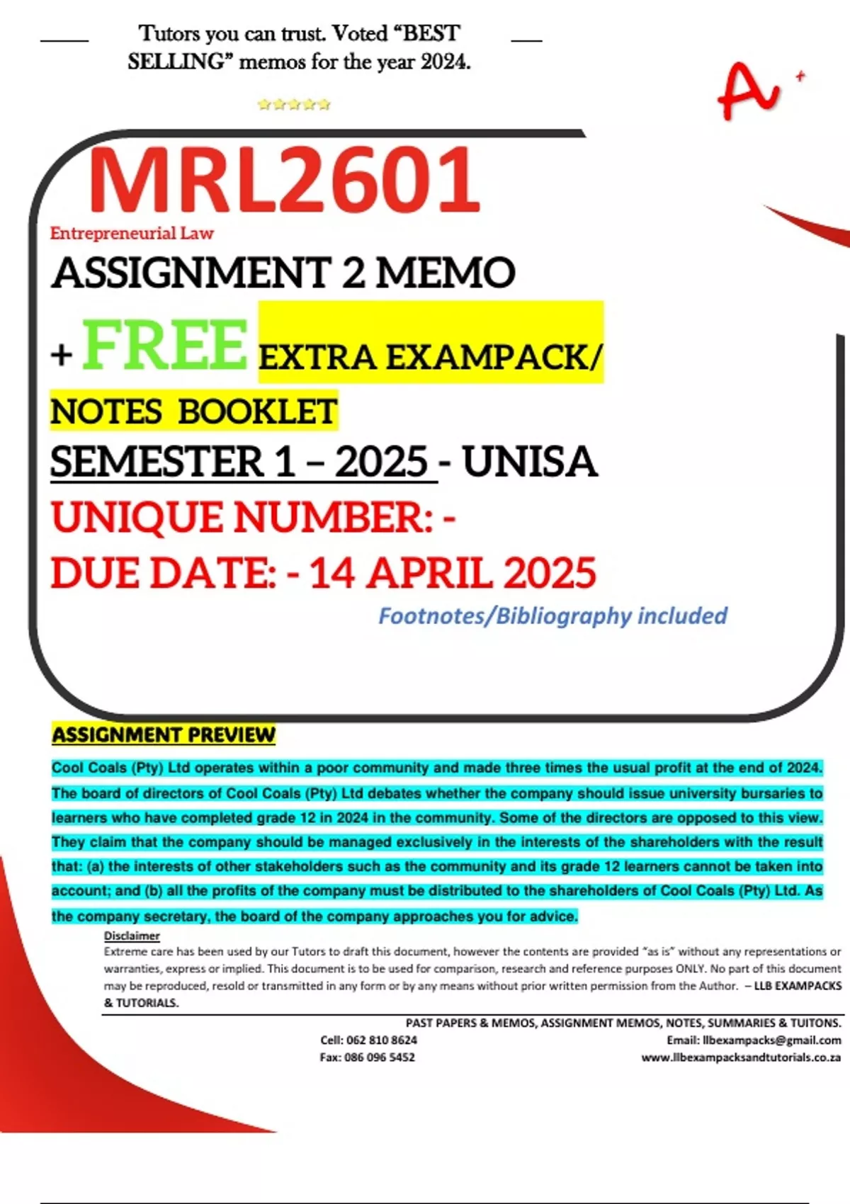 MRL2601 ASSIGNMENT 2 MEMO - SEMESTER 1 - 2025 - UNISA - DUE :- 14 APRIL ...