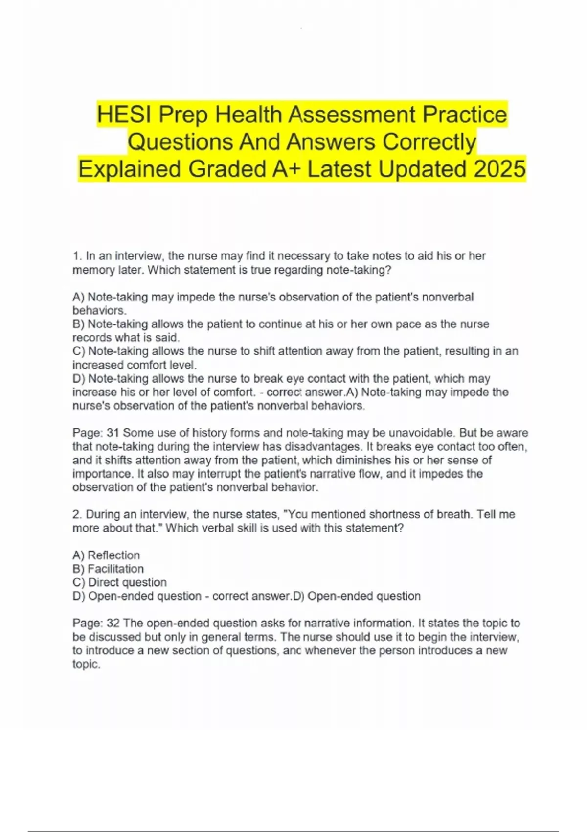 HESI Prep Health Assessment Practice Questions And Answers Correctly ...