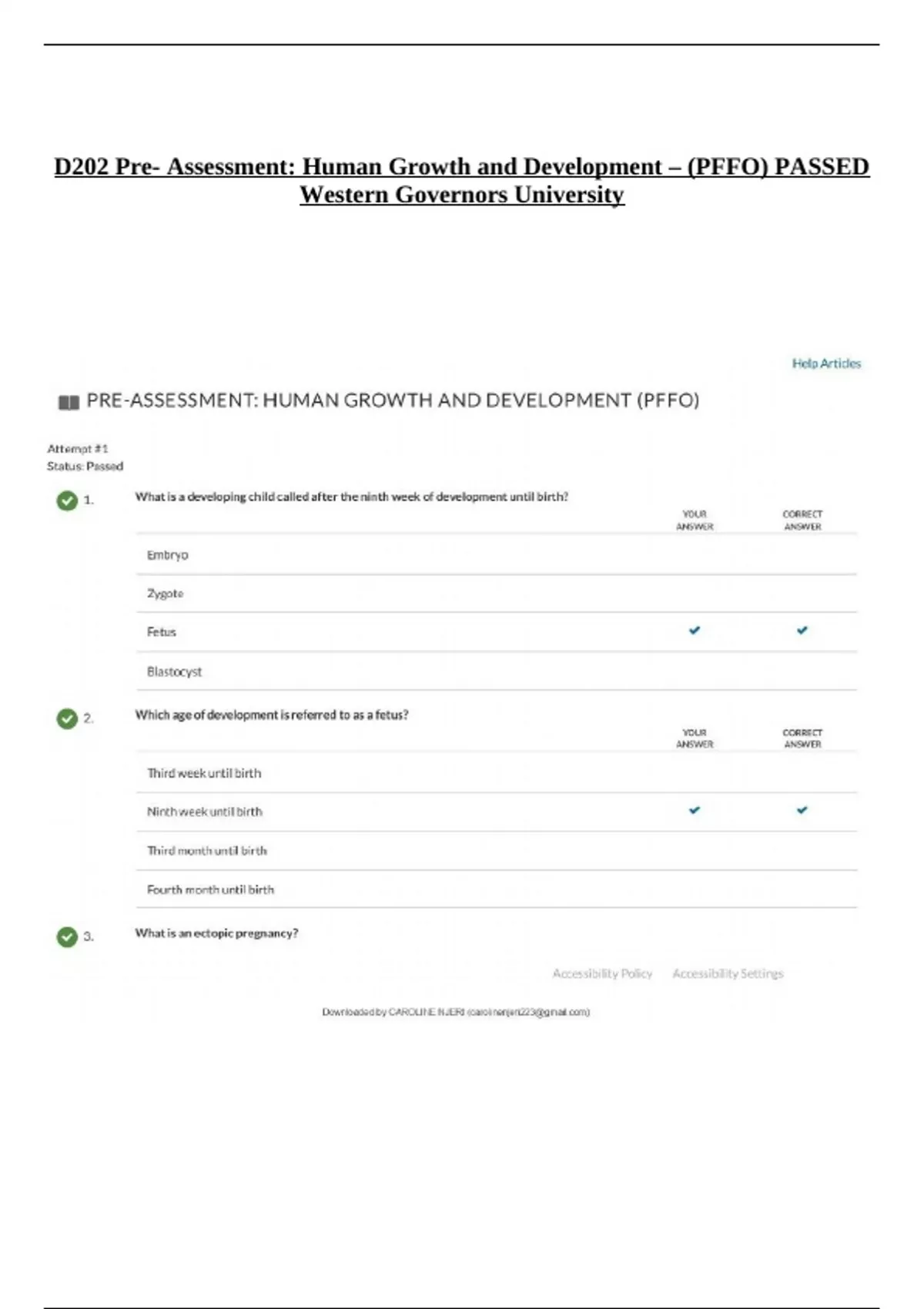 D202 Pre- Assessment: Human Growth and Development – (PFFO) PASSED ...