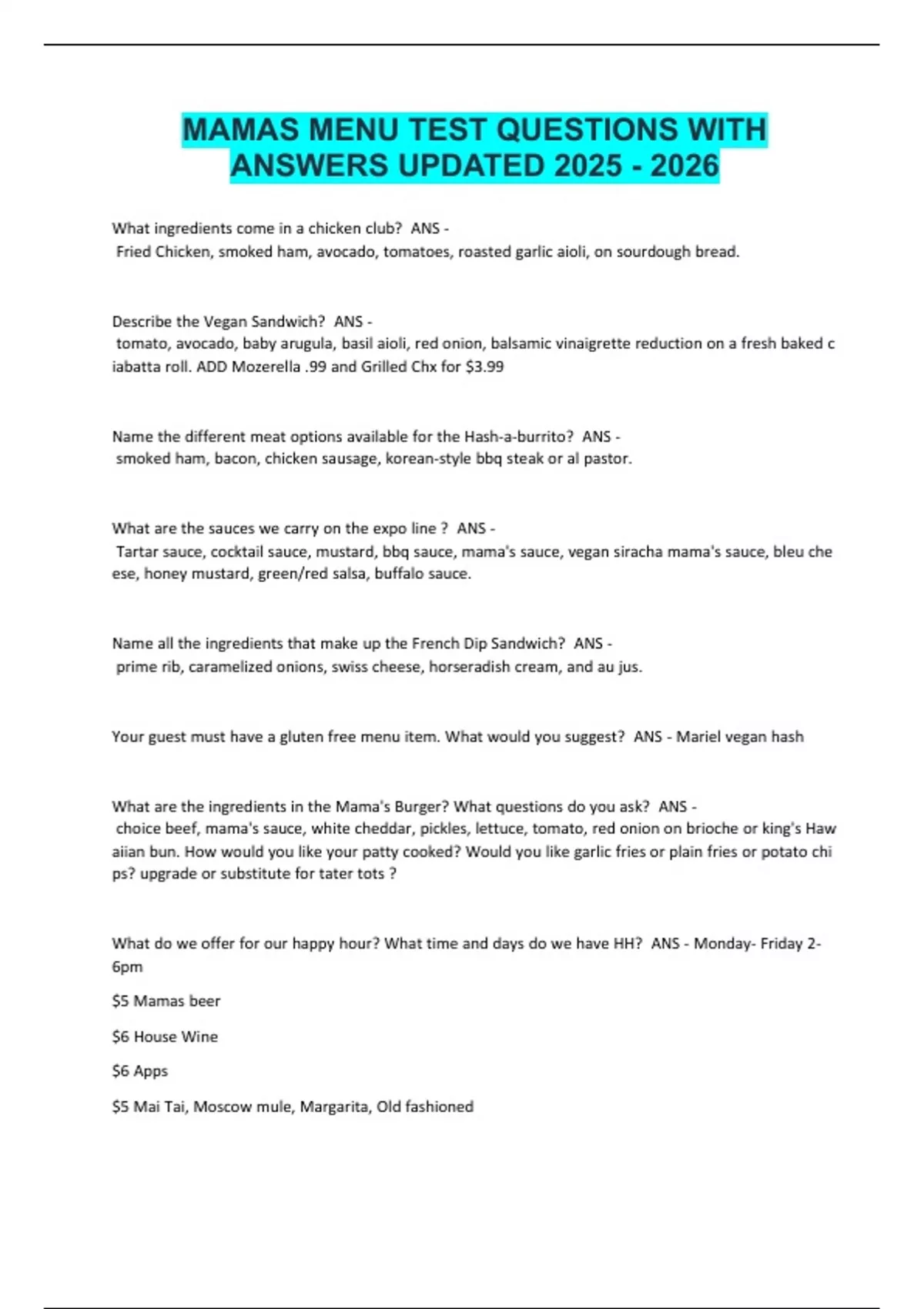 MAMAS MENU TEST QUESTIONS WITH ANSWERS UPDATED - Mamas - Stuvia US