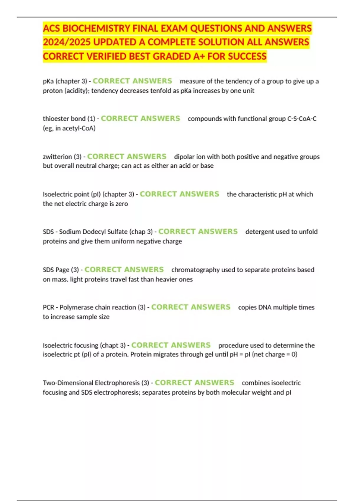 ACS BIOCHEMISTRY FINAL EXAM QUESTIONS AND ANSWERS 2024/2025 UPDATED A ...