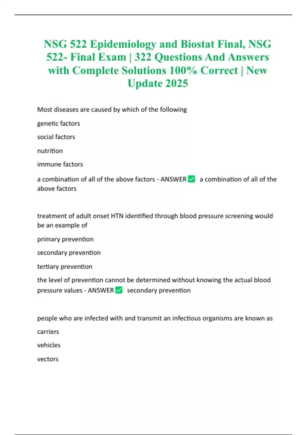NSG 522 Epidemiology and Biostat Final, NSG 522- Final Exam | 322 Questions And Answers with ...