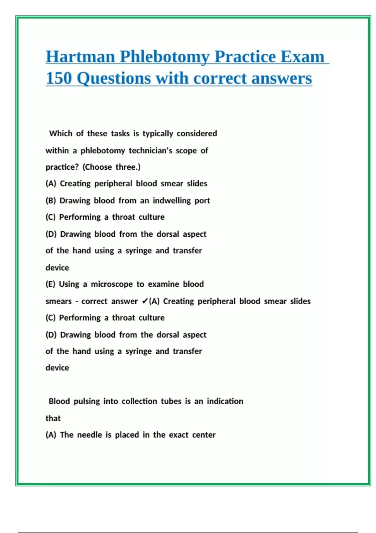 Hartman Phlebotomy Practice Exam | 150 Questions with correct answers ...