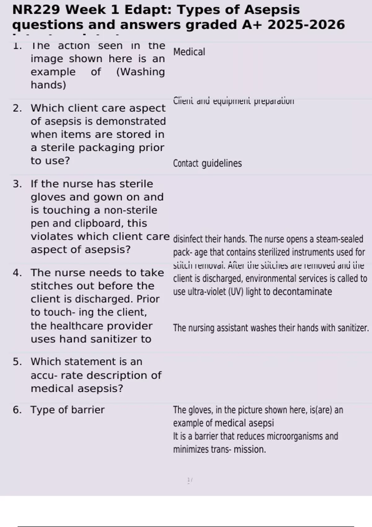NR229 Week 1 Edapt: Types of Asepsis questions and answers graded A+ ...