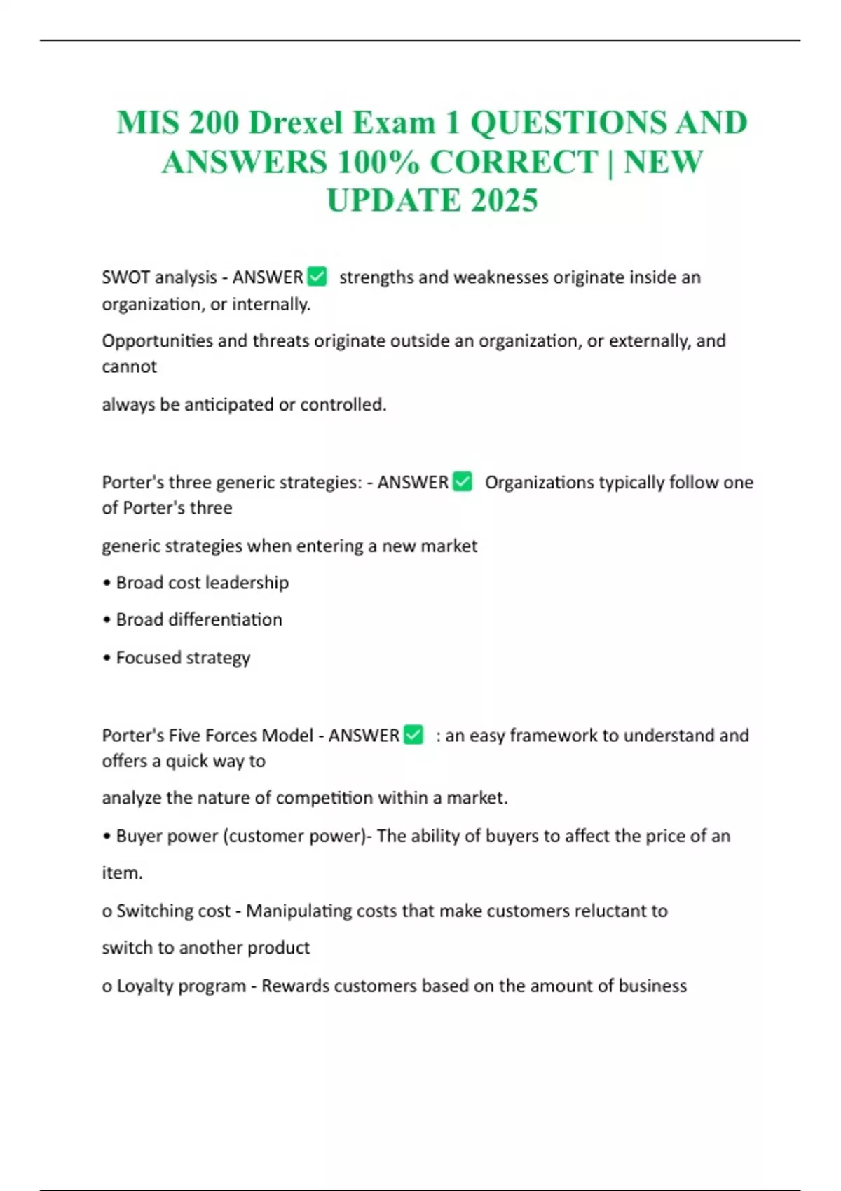 MIS 200 Drexel Exam 1 QUESTIONS AND ANSWERS 100% CORRECT | NEW UPDATE ...