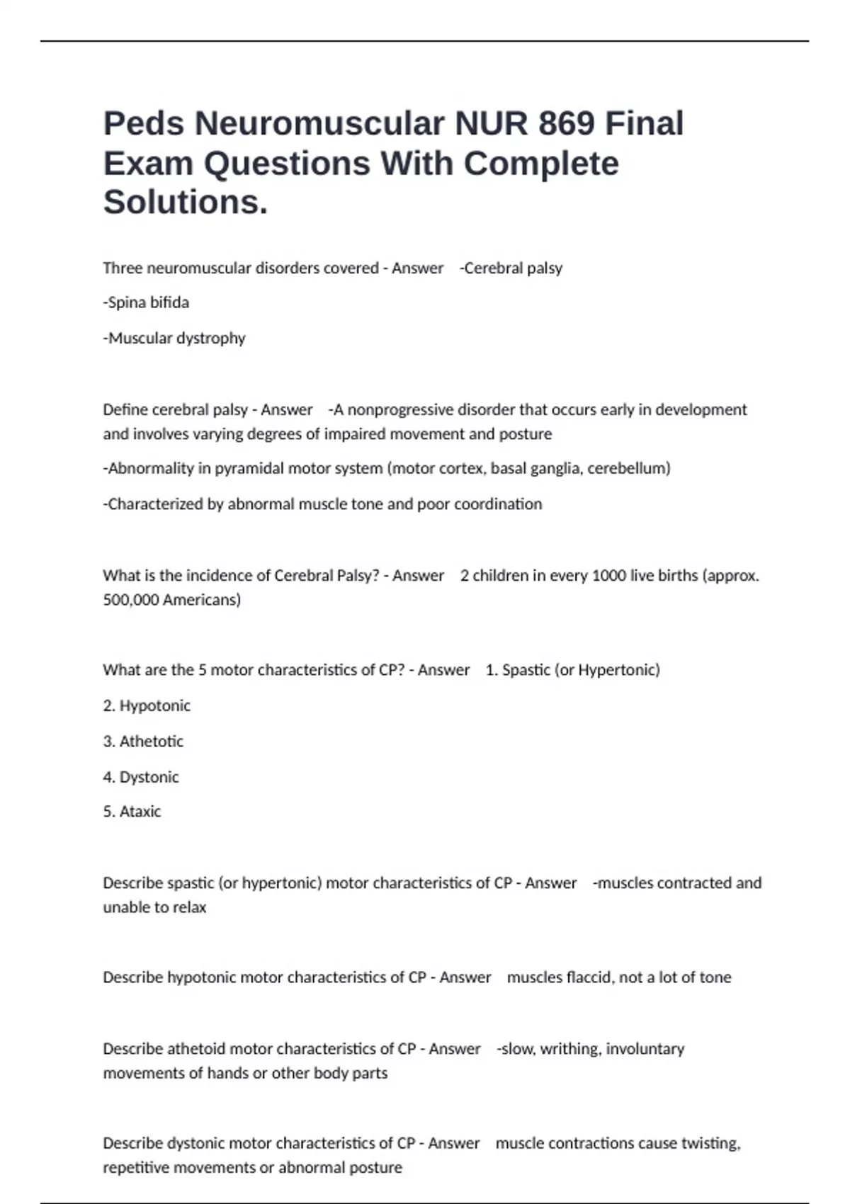 Peds Neuromuscular NUR 869 Final Exam Questions With Complete Solutions ...