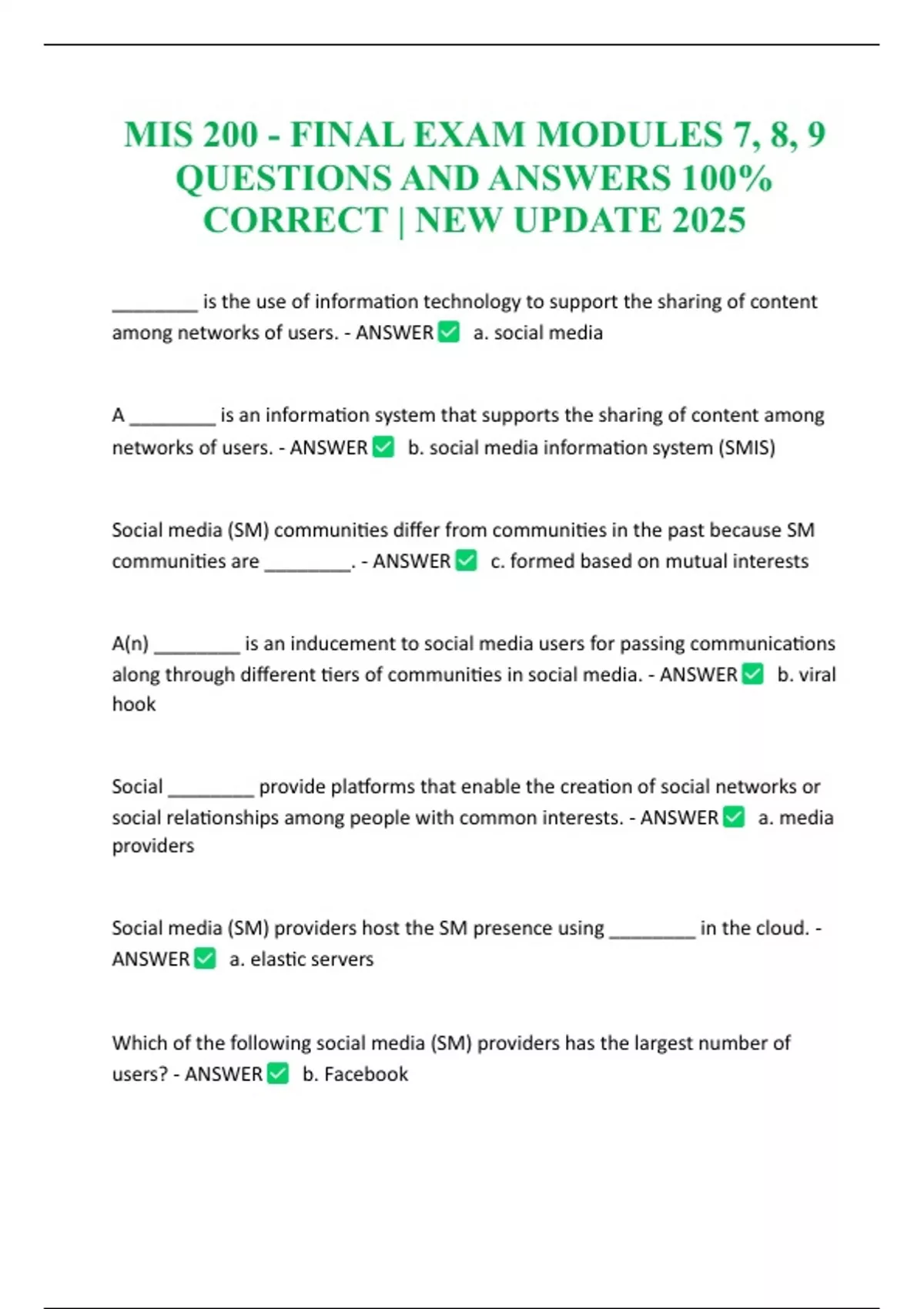 MIS 200 - FINAL EXAM MODULES 7, 8, 9 QUESTIONS AND ANSWERS 100% CORRECT | NEW UPDATE 2025 - MIS ...