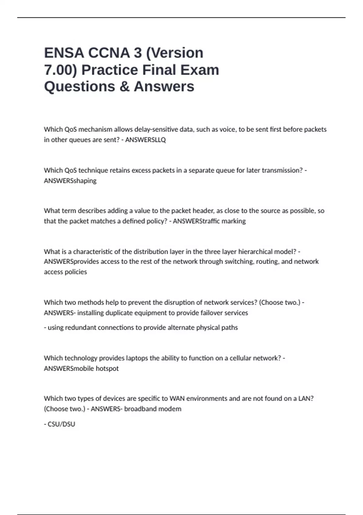 ENSA CCNA 3 (Version 7.00) Practice Final Exam Questions & Answers ...