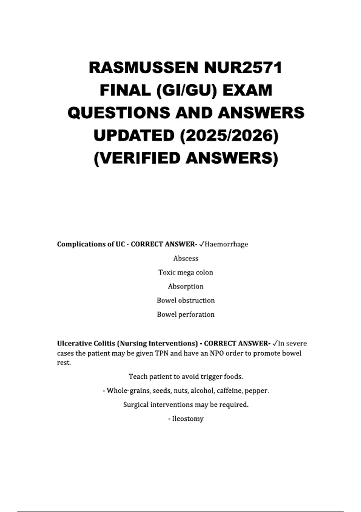 RASMUSSEN NUR2571 FINAL (GI-GU) EXAM (Latest 2025 / 2026 ) Actual ...