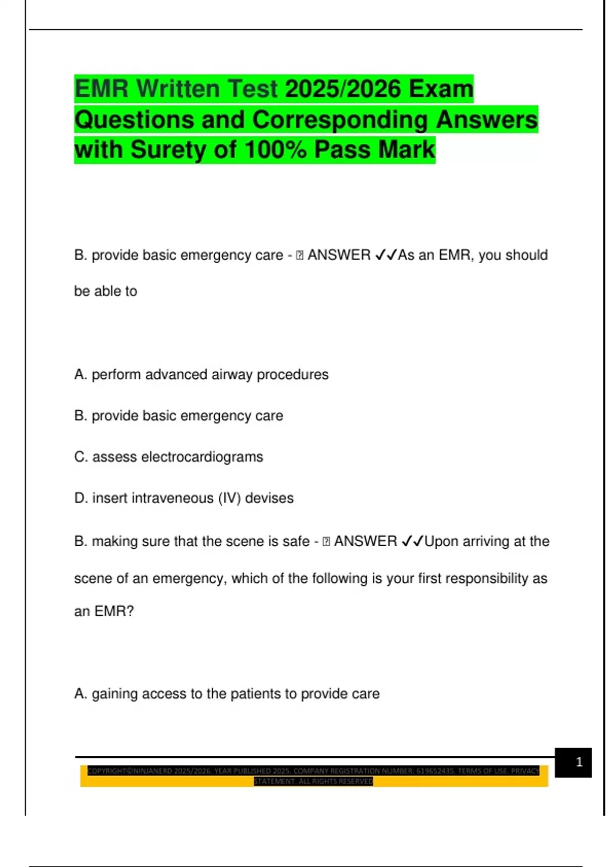 EMR Written Test 2025/2026 Exam Questions and Corresponding Answers ...