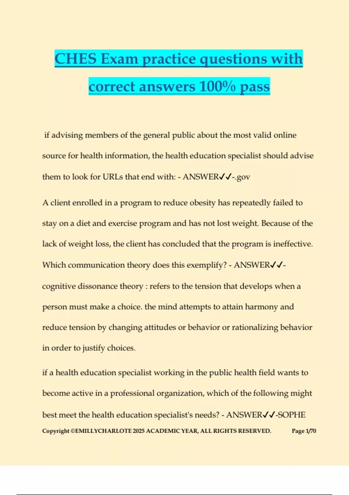 CHES Exam practice questions with correct answers 100% pass - Ches ...