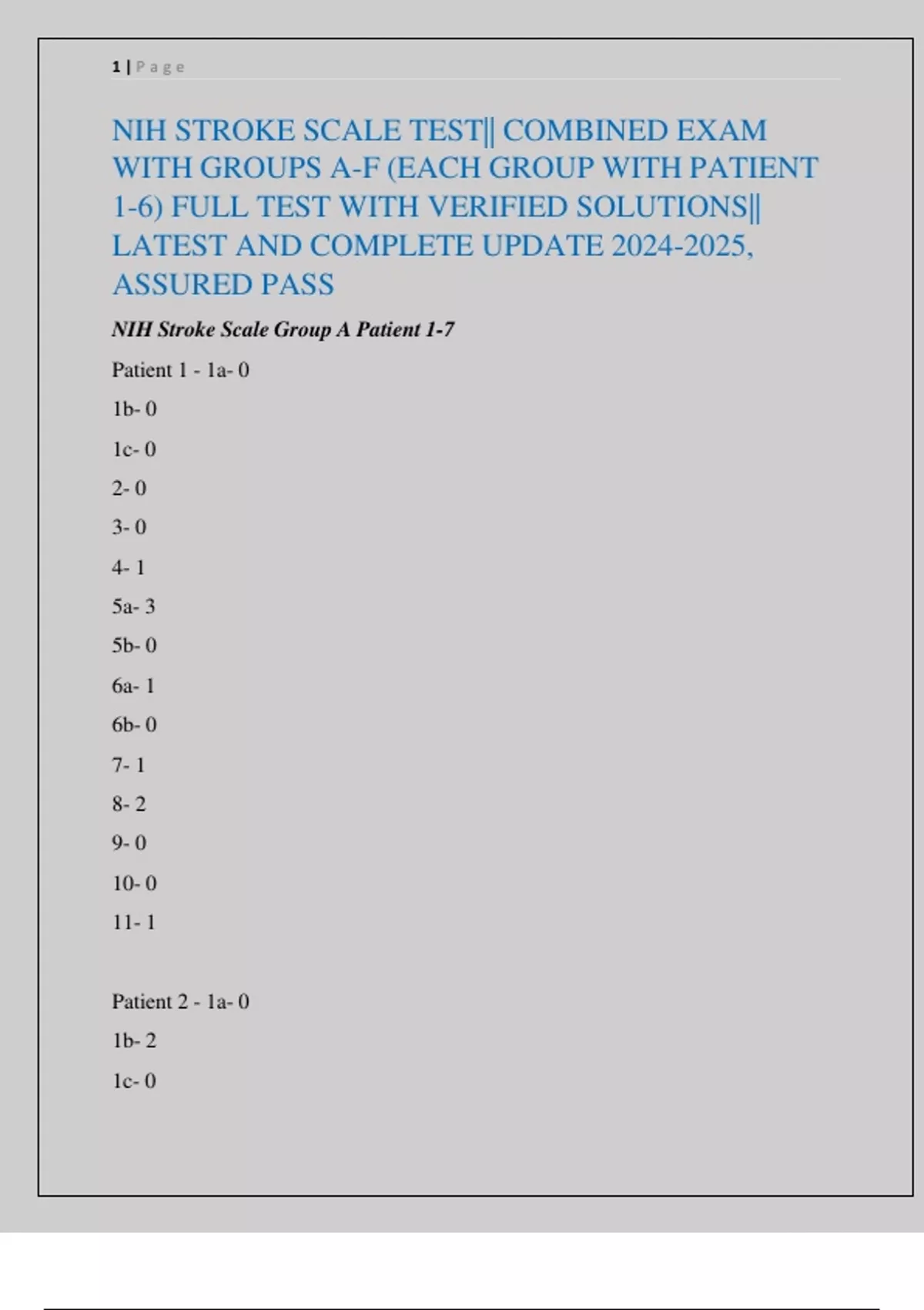 NIH STROKE SCALE TEST|| COMBINED EXAM WITH GROUPS A-F (EACH GROUP WITH ...