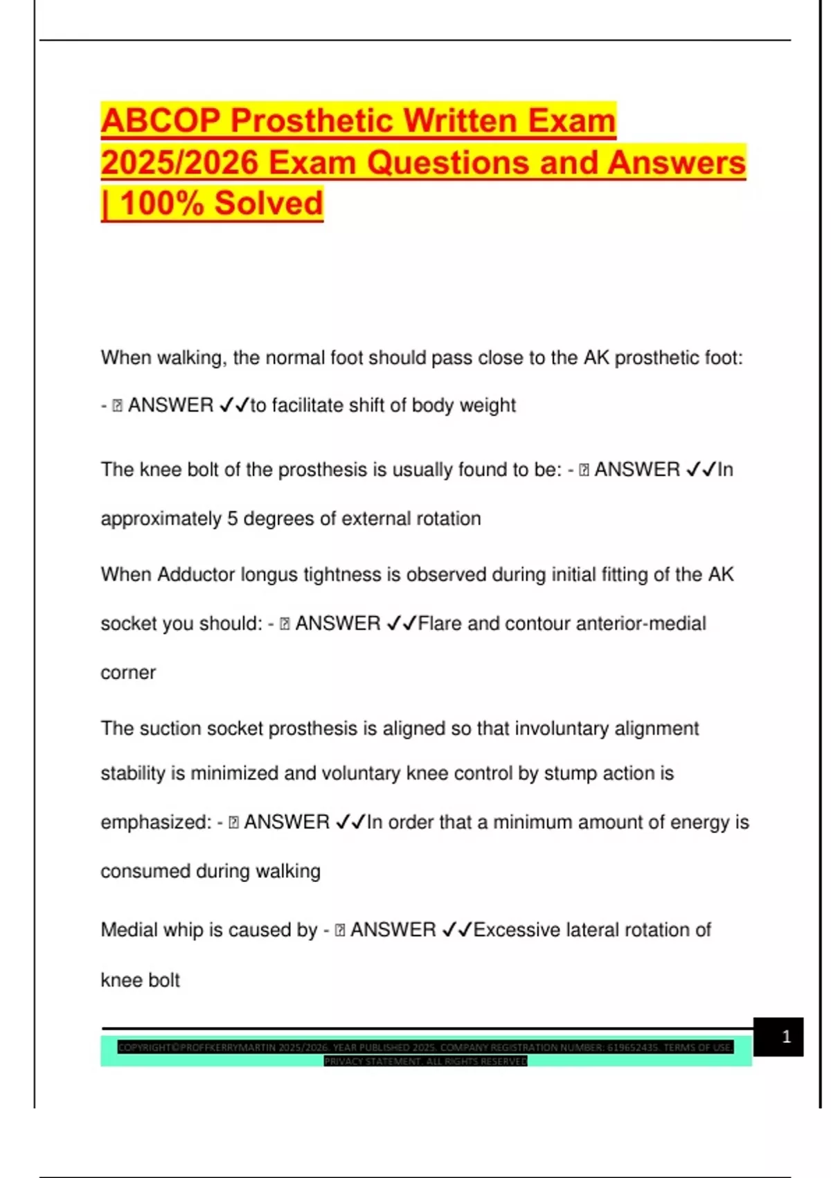 ABCOP Prosthetic Written Exam 2025/2026 Exam Questions and Answers ...